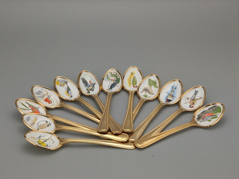 Vintage Spink Gold Plated Enamel Spoons With Birds Set of 12 Sheffield ...