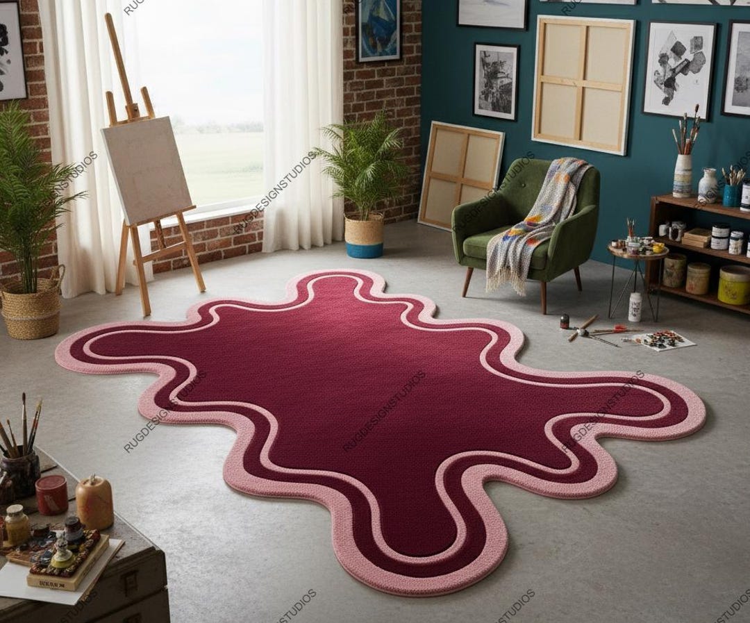 Modern Abstract Organic Shape Rug – Burgundy and Blush Pink Hand Tufted ...