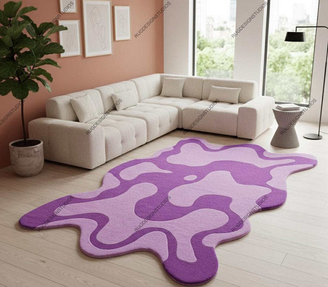 Purple Abstract Wavy Hand Tufted Rug – Modern Irregular Shape Carpet ...