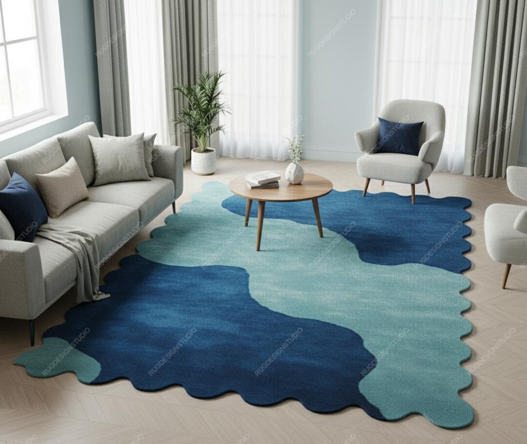 Modern Ocean Wave Rug | Hand Tufted Navy, Aqua Blue Abstract Wool ...