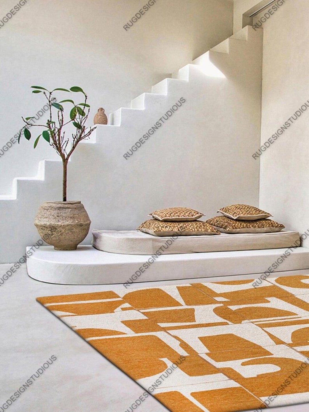 Hand Tufted Modern Abstract Rug | Orange and White Patterned Area ...