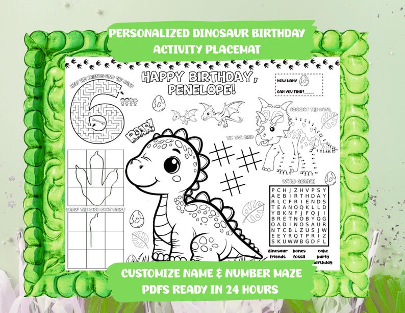 Personalized Dinosaur Birthday Activity Sheet: Dino Coloring Placemat ...