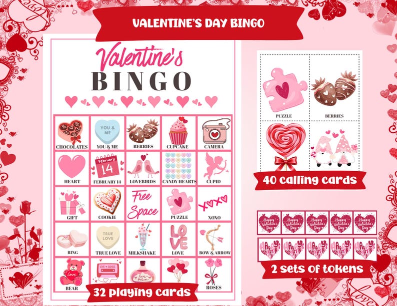 Valentine's Day Bingo Game | 32 Cards, 40 Calling Cards (instant ...