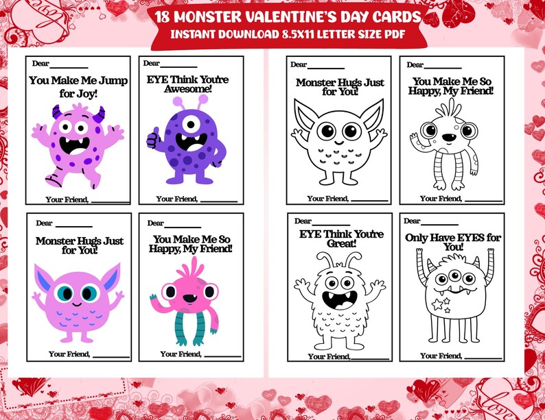 Printable Monster Valentines Coloring Cards, Kids Classroom Activity ...