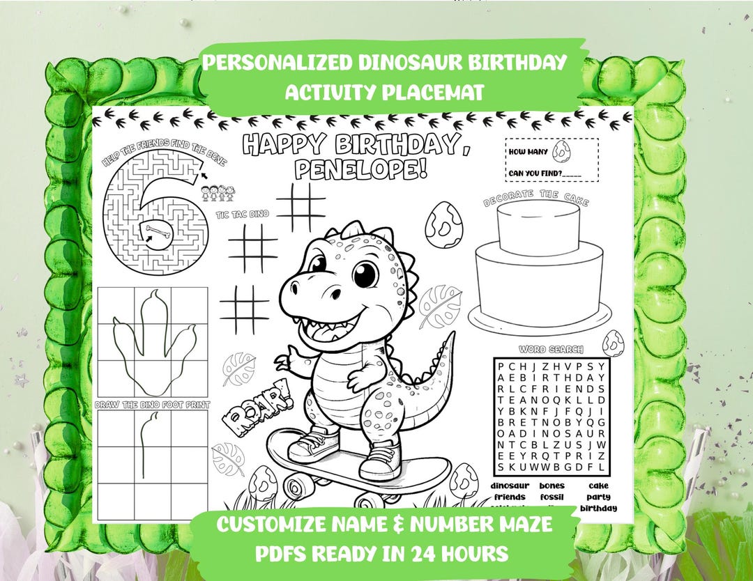 Personalized Dinosaur Birthday Activity Sheet: Dino Coloring Placemat ...