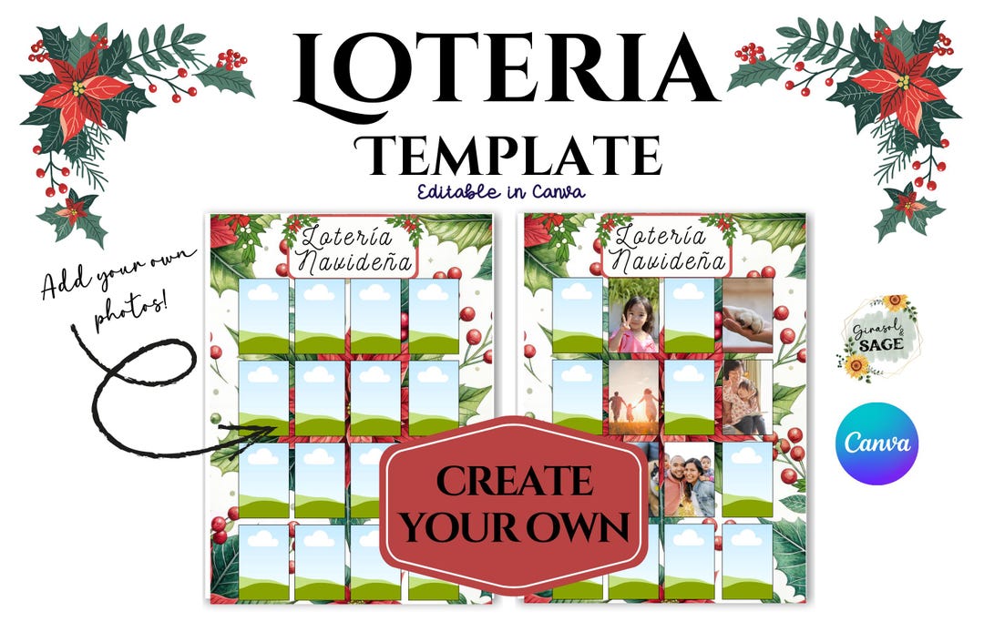 Editable Lotería Game Template Poinsettia | Customizable Mexican Bingo ...