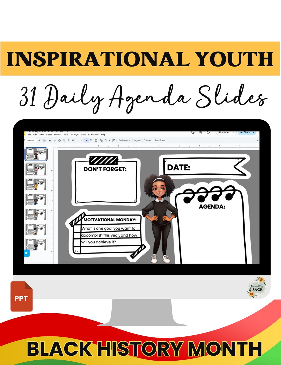 Black History Inspirational Daily Agenda Slides | Editable Google ...