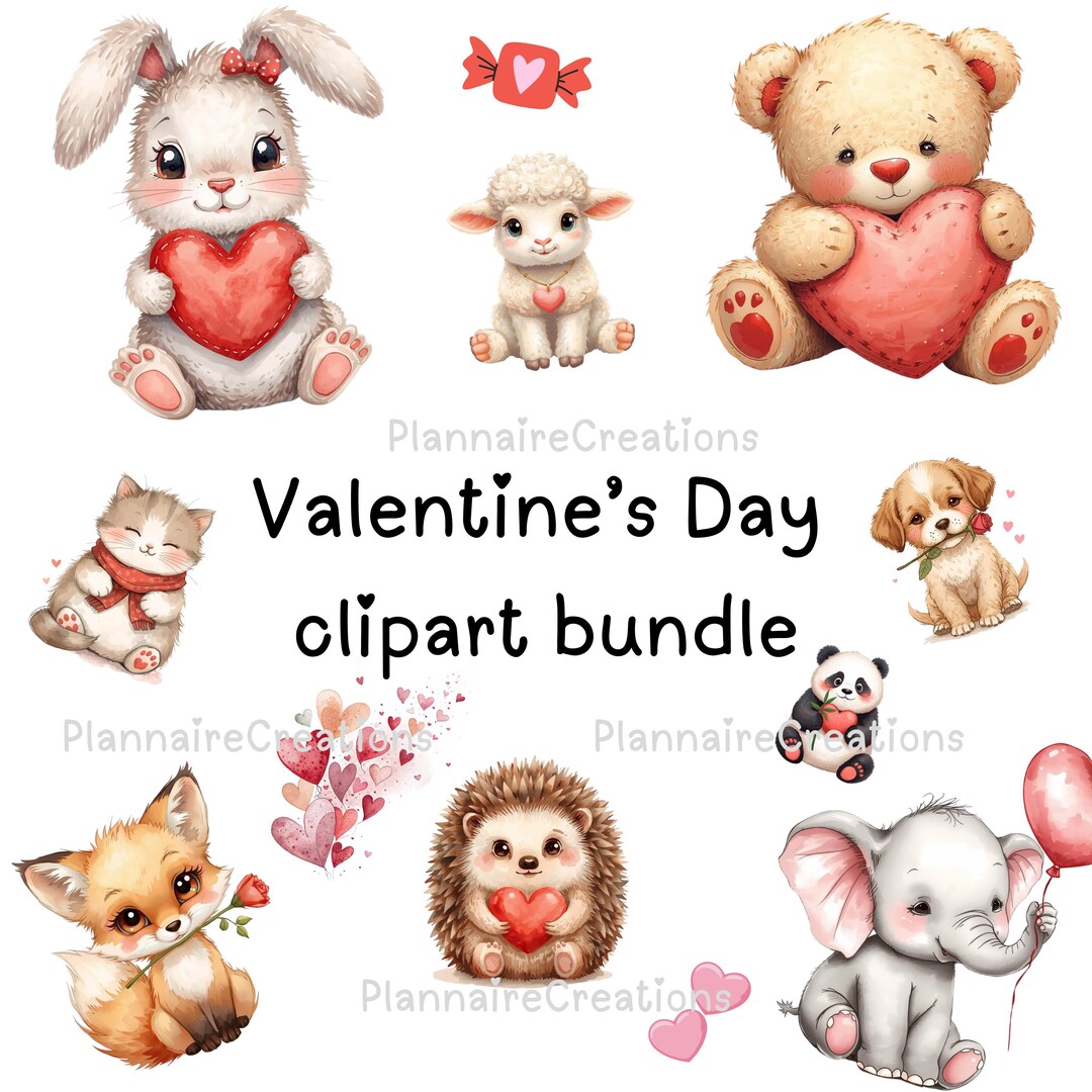 Valentine Animal Clipart Bundle Cute Watercolor Animals PNG Commercial ...