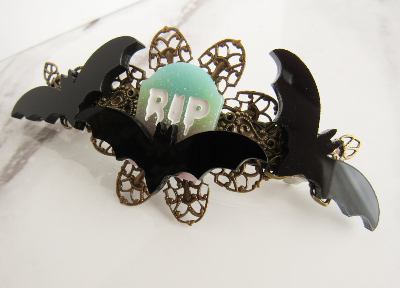 Kawaii Gothic Hair Barrette in Brass // Bats, Tombstone, Halloween Hair ...