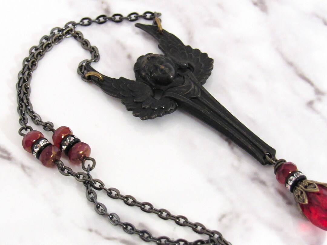 Dark Angel Pendant Necklace in Black Patina, Brass, Red Czech Glass ...