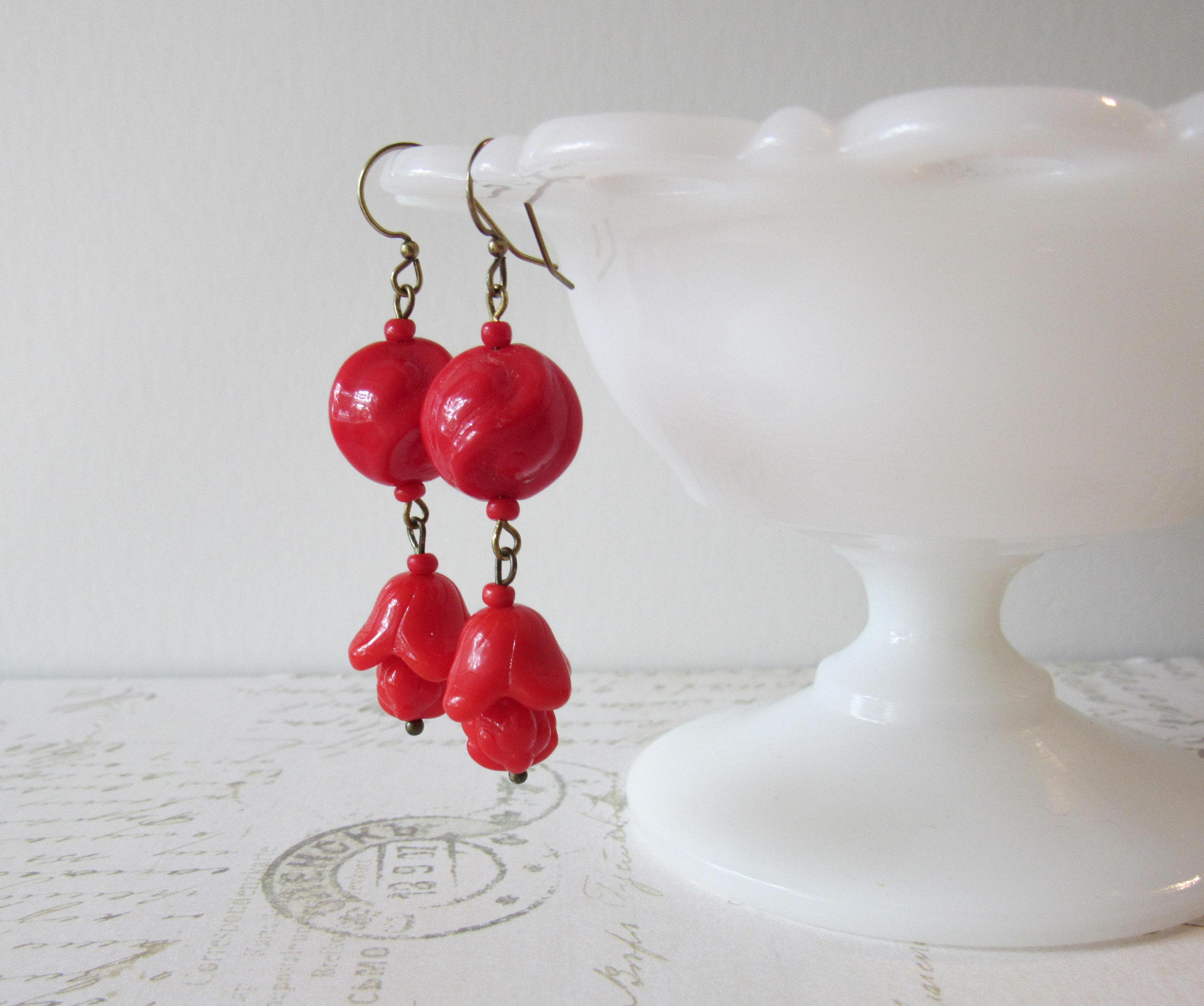 Art Deco Glass Dangles in Cherry Red // Flapper Earrings, 1920s - Etsy