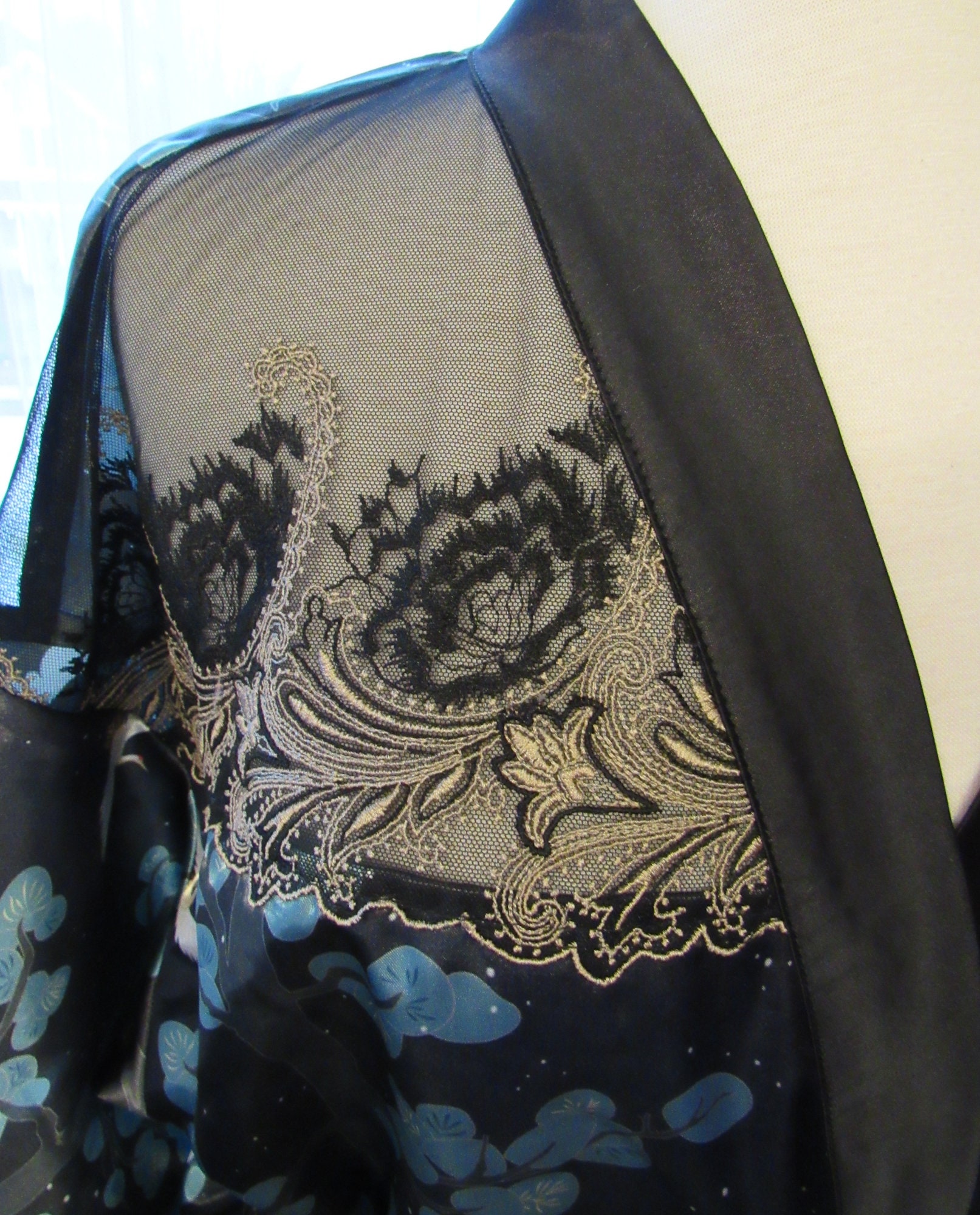 Boudoir Dressing Robe in Cranes, Embroidered Lace // Satin Lingerie - Etsy
