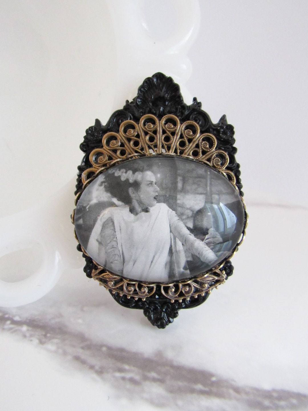 Bride of Frankenstein Brooch in Black, Brass // Gothic, Kitsch, Cameo ...