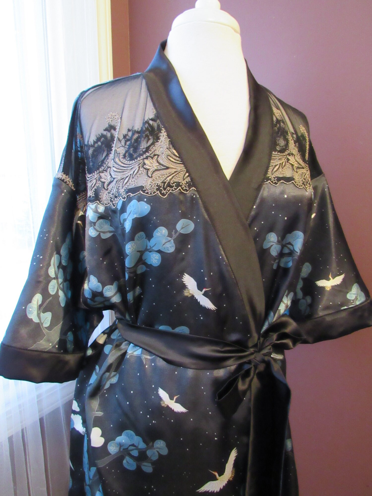 Boudoir Dressing Robe in Cranes Embroidered Lace // Satin | Etsy