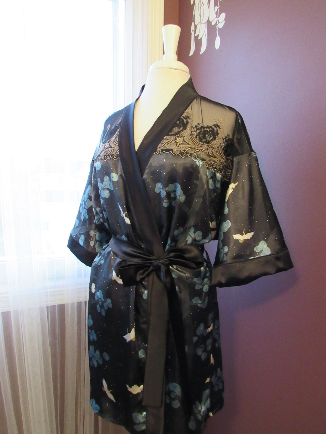Boudoir Dressing Robe in Cranes, Embroidered Lace // Satin Lingerie - Etsy