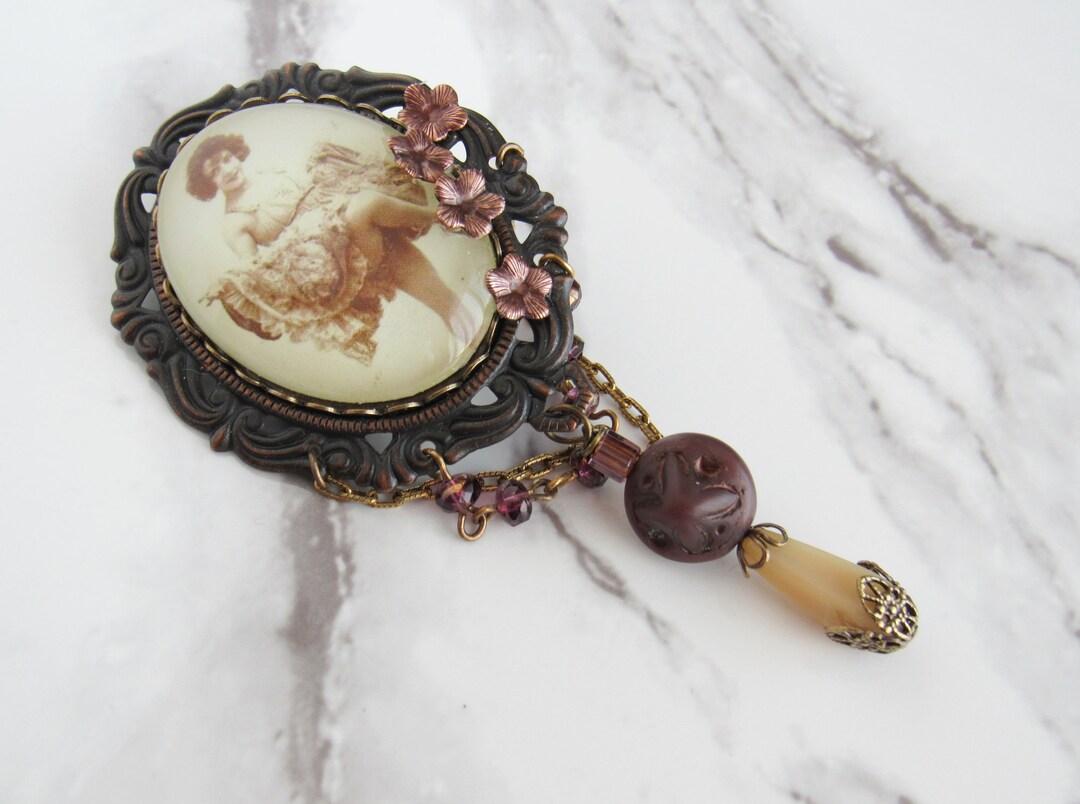 Show Me Your Can-can Brooch // Art Nouveau, French, Glass Art Cameo - Etsy