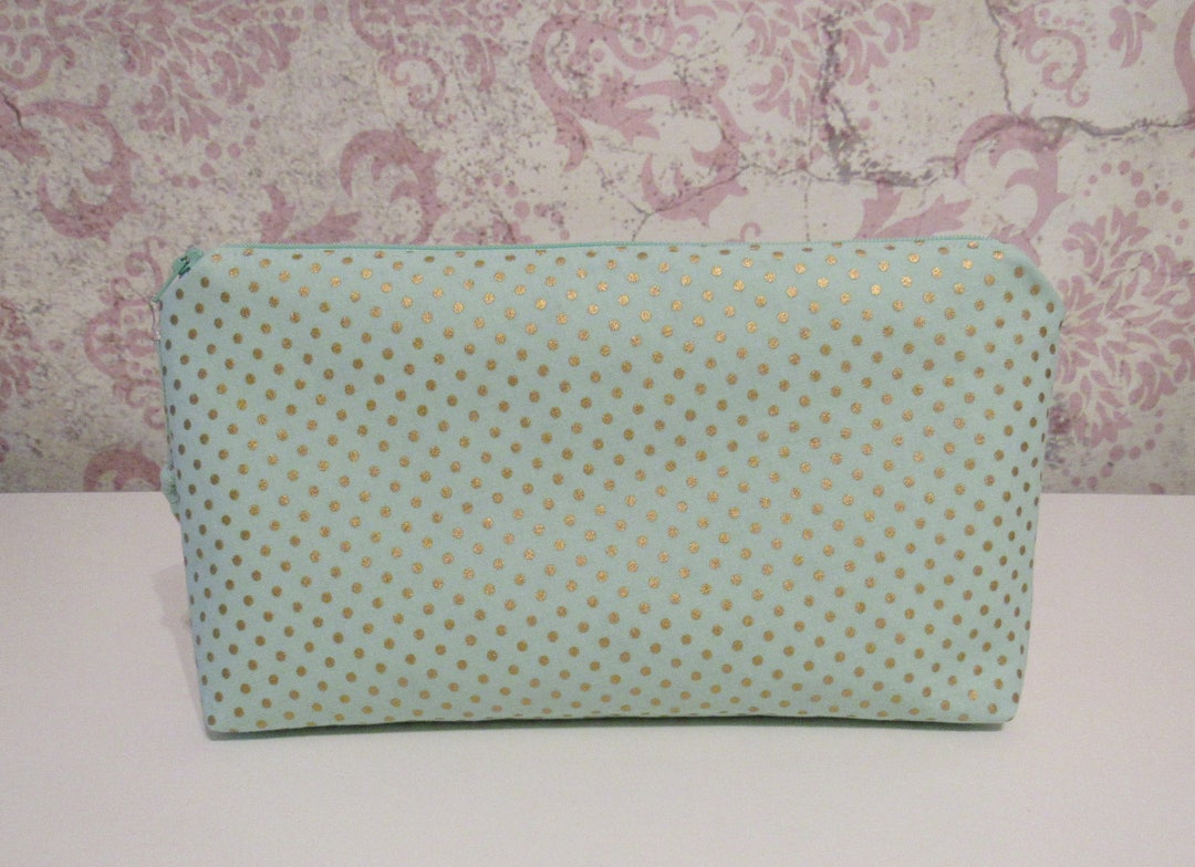 Mint & Metallic Gold Dots Zipper Pouch // Cotton Organizer and Travel ...