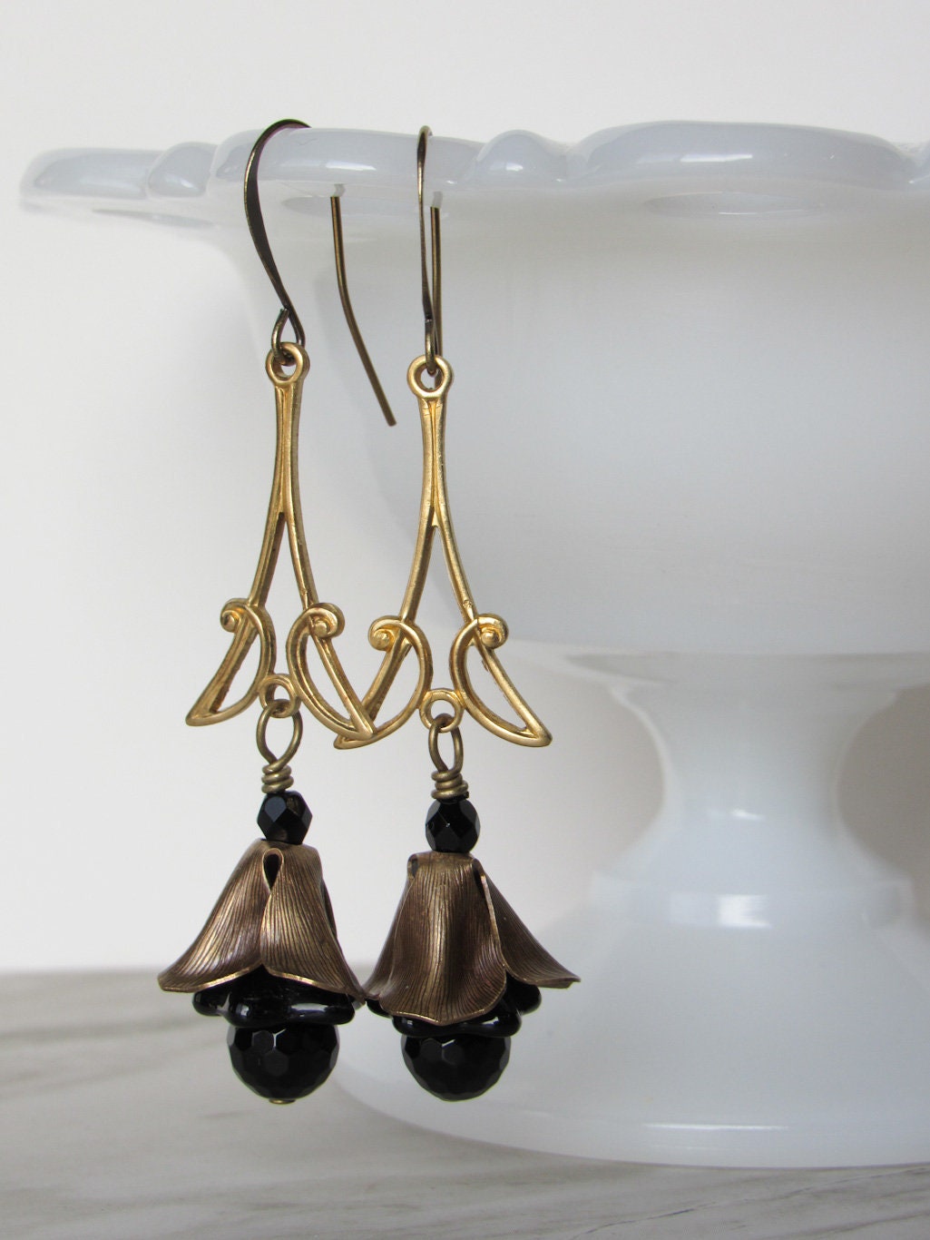 Art Deco Flourish Dangles in Brass Black Glass // lady Mary | Etsy