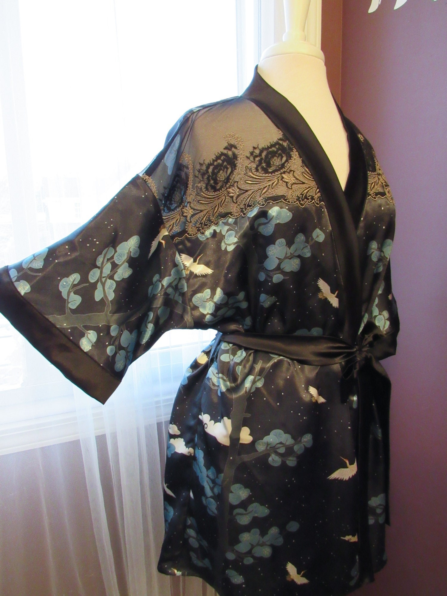 Boudoir Dressing Robe in Cranes Embroidered Lace // Satin | Etsy