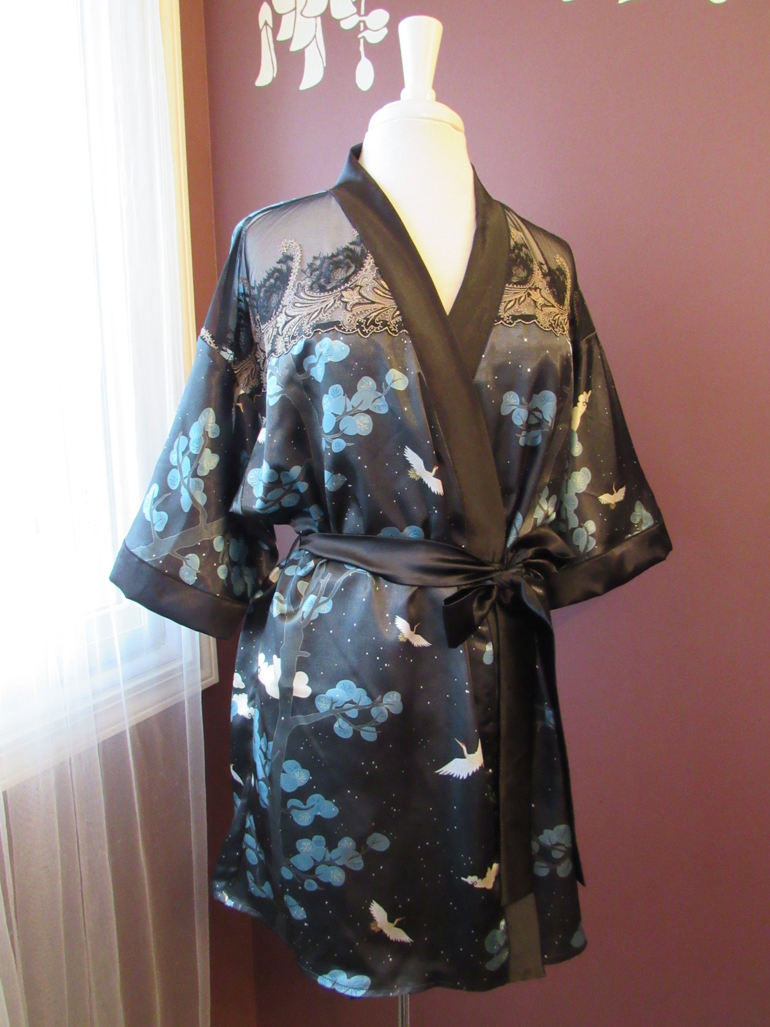 Boudoir Dressing Robe in Cranes Embroidered Lace // Satin | Etsy