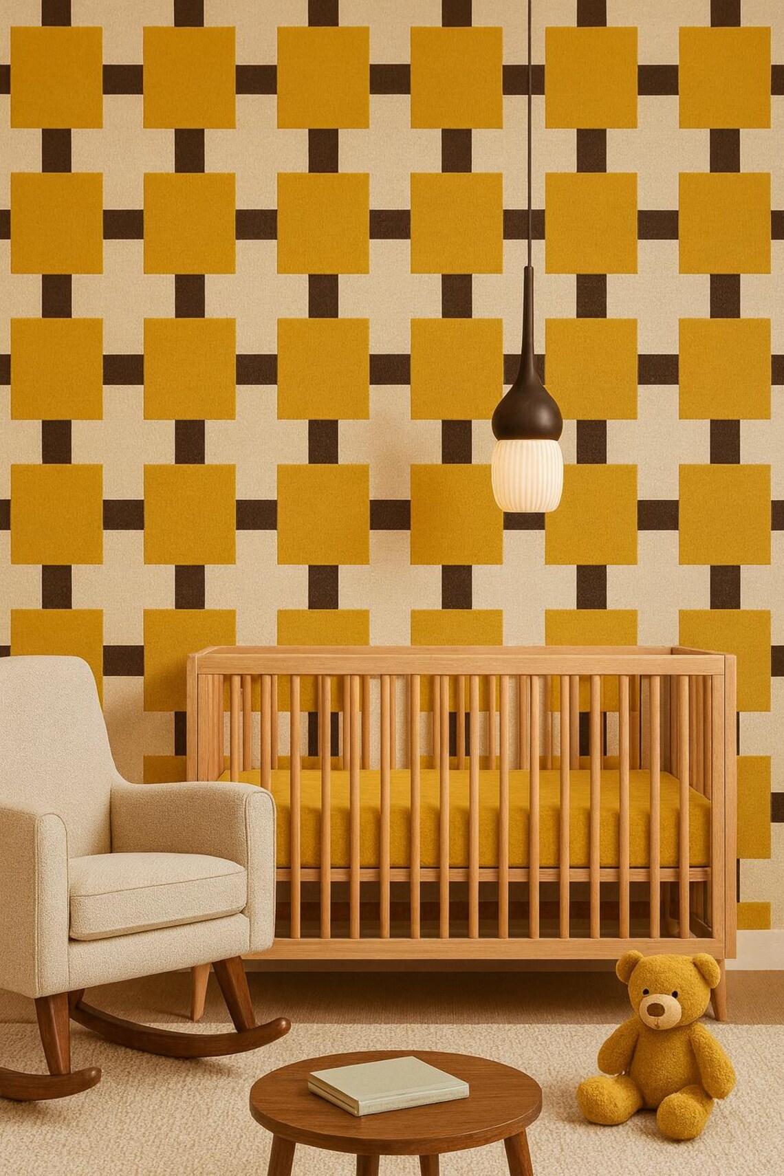 Retro Mustard & Chocolate Square Pattern Modernist Grid Design Living ...