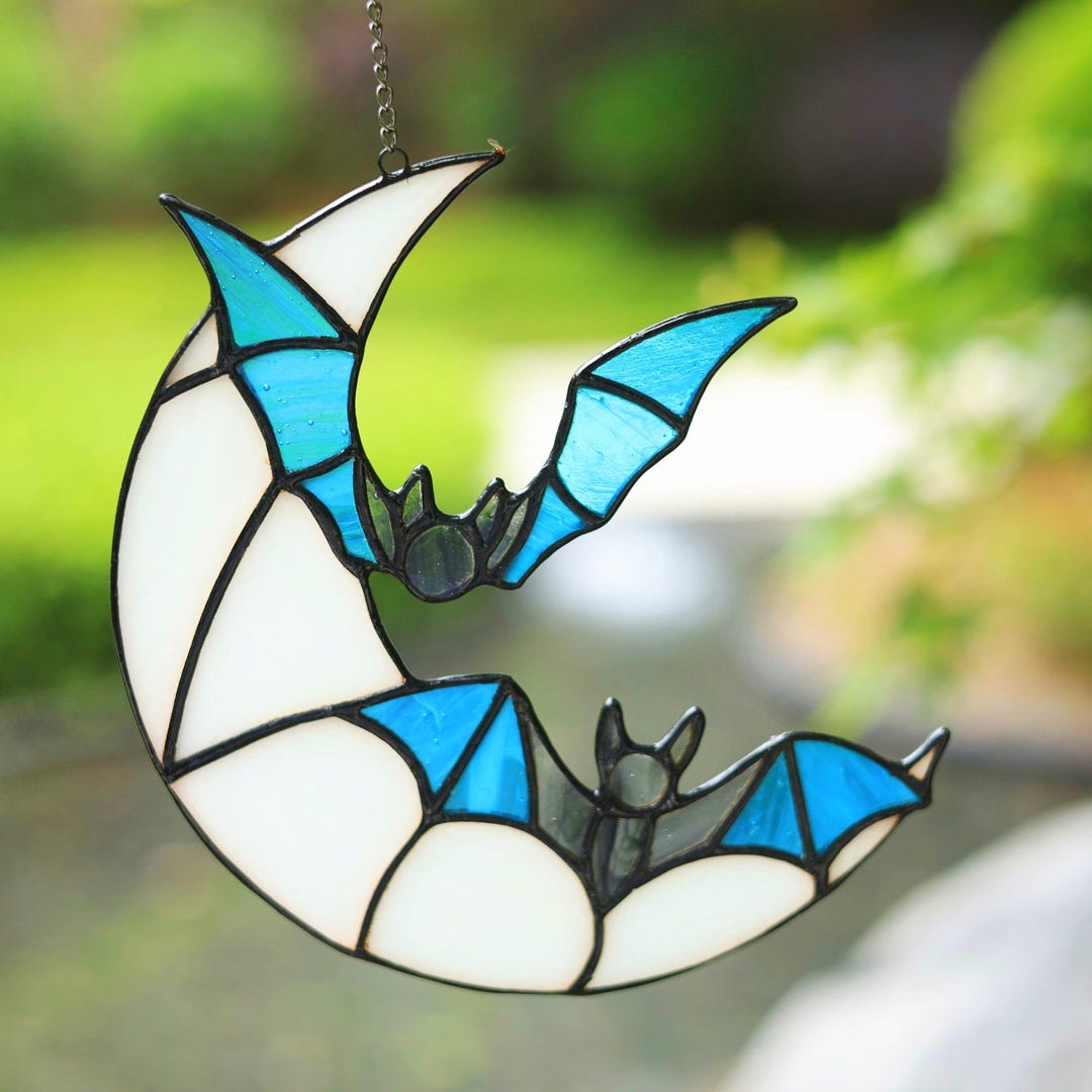 Stained Glass Bat Suncatcher,gothic Bat on the Moon Stained Glass ...