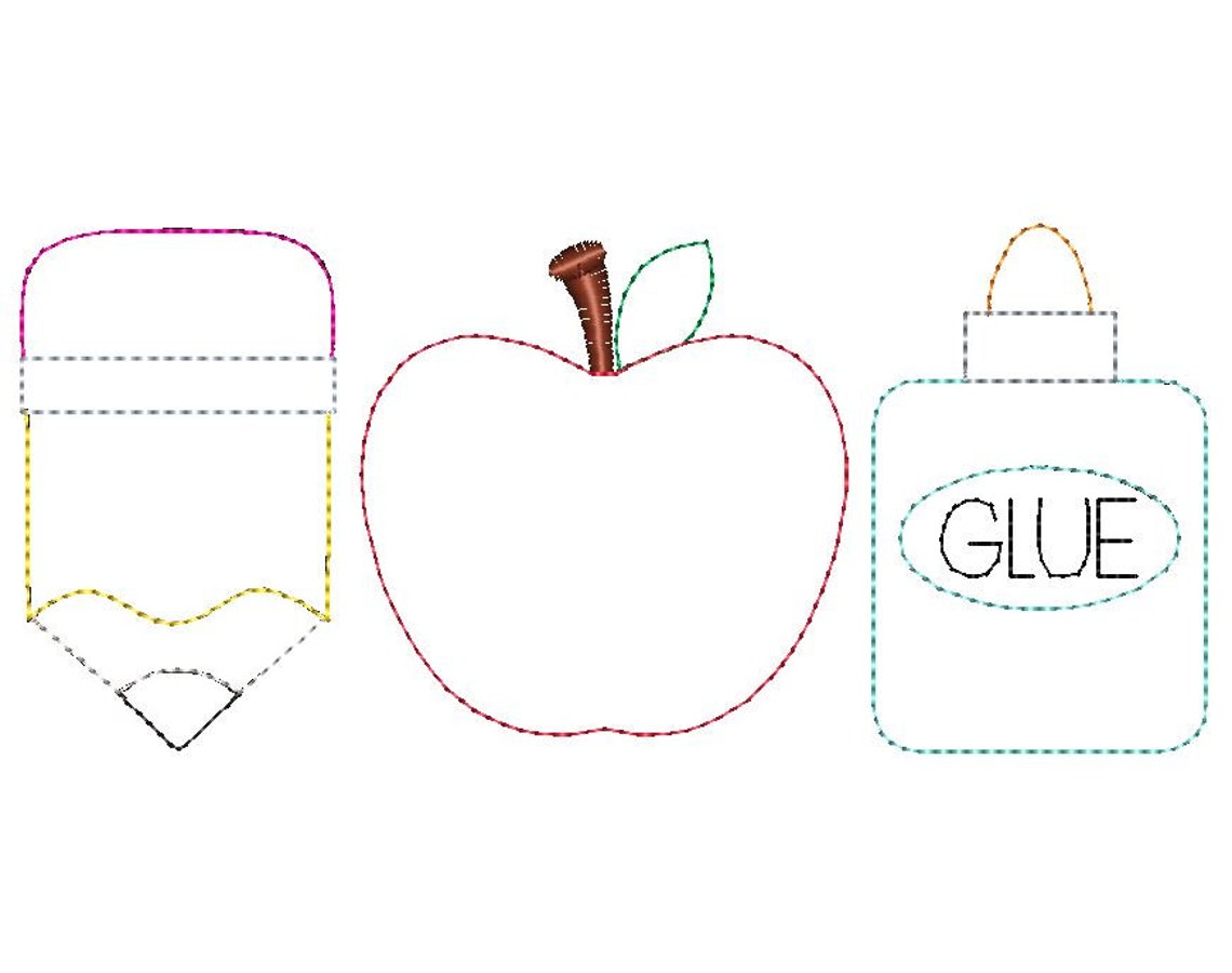 Pencil Apple Glue Trio Bean Stitch Applique Embroidery Design 5x7 6x10 ...