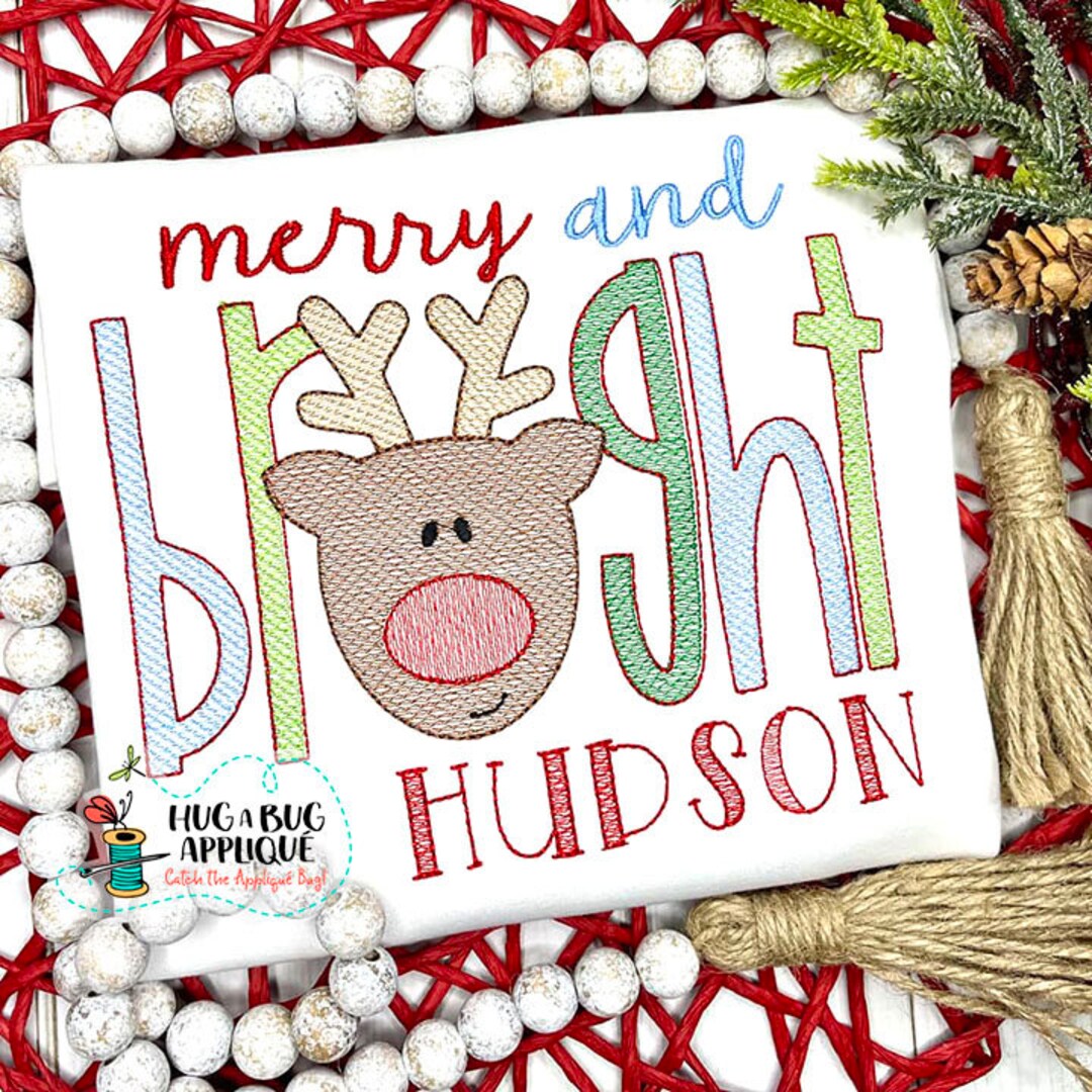 Reindeer Merry Bright Sketch Stitch Embroidery Design 5x7 6x10 8x8 8x12 ...