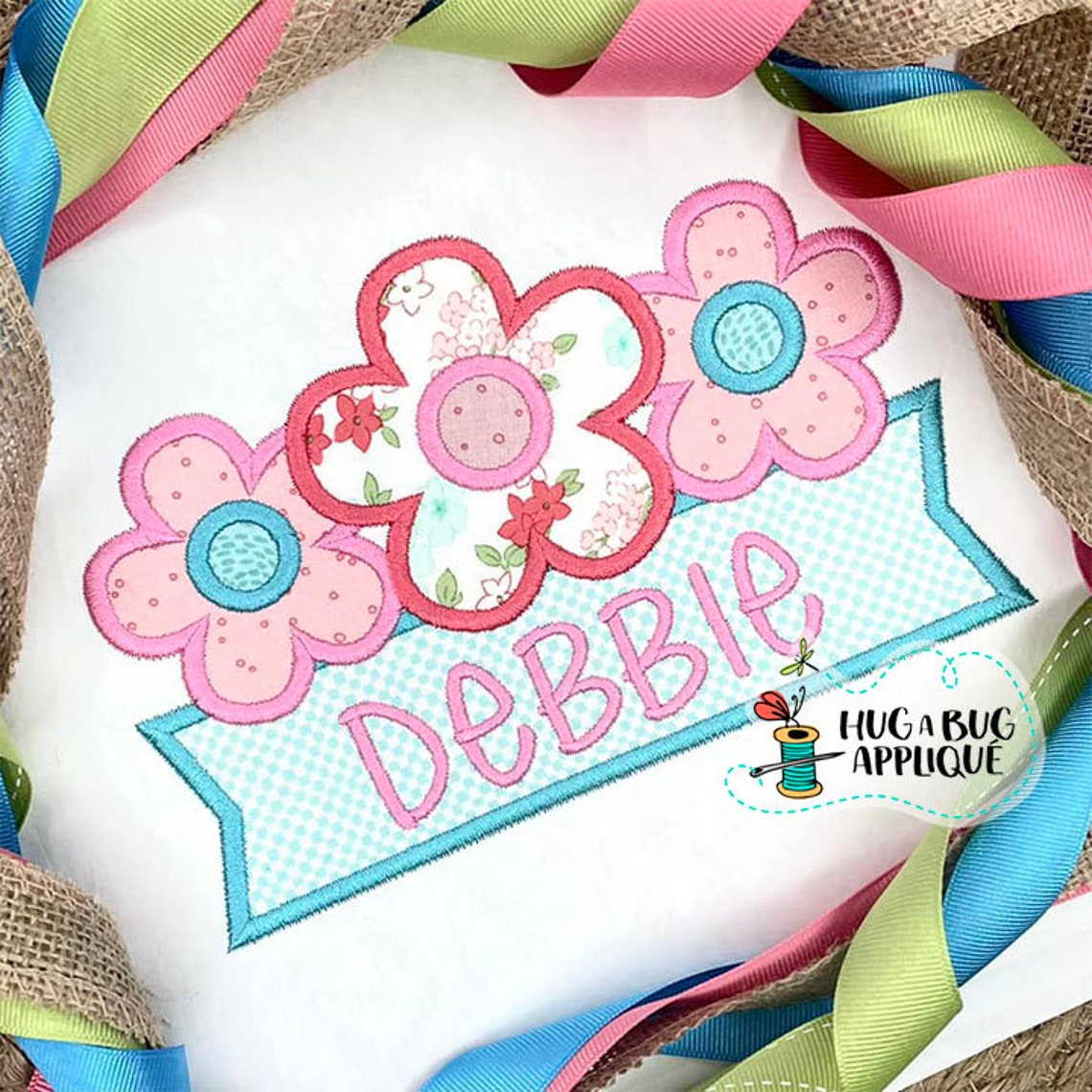 Flower Trio Banner Satin Stitch Applique Design 5x7 6x10 8x8 8x12 9x9 ...