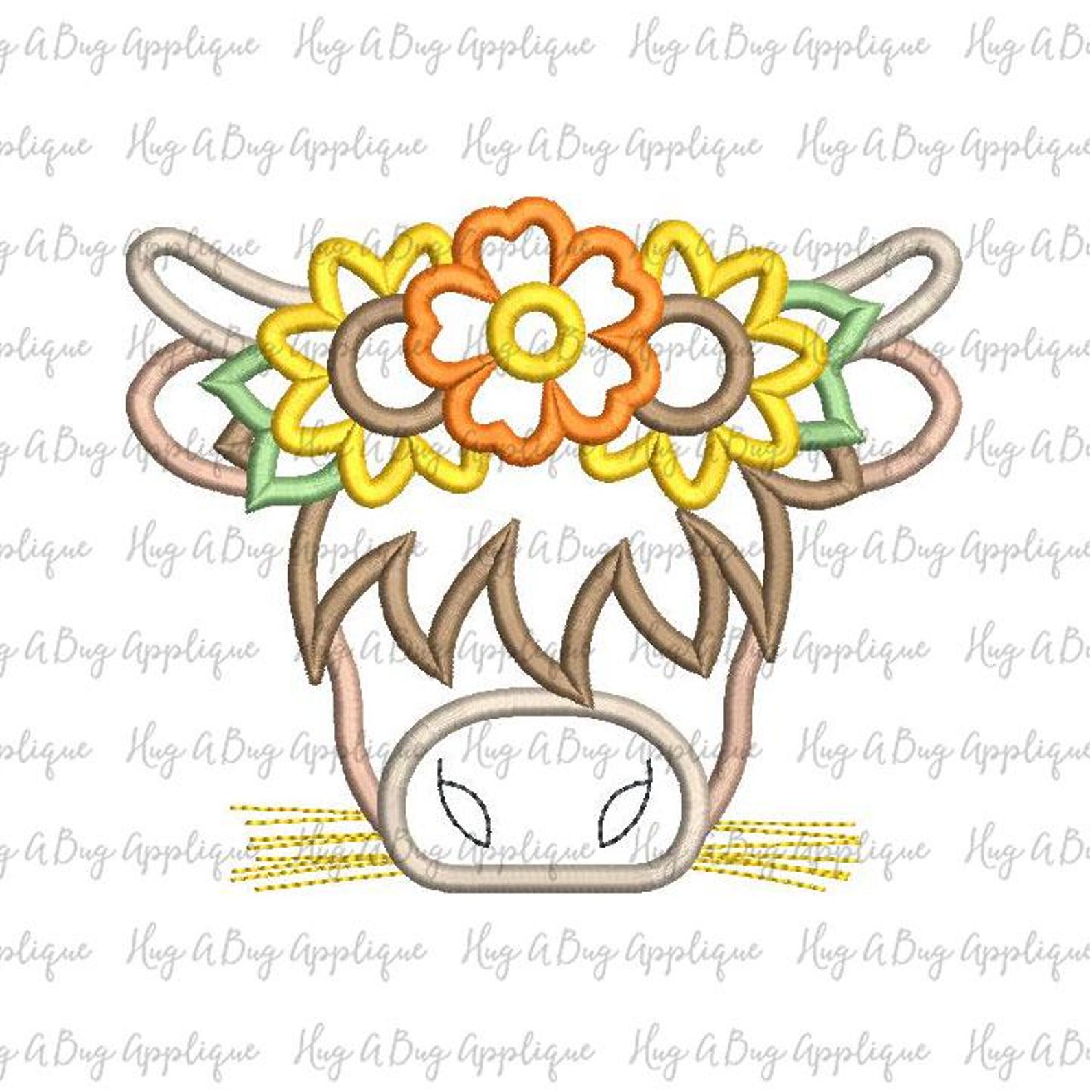 Highland Cow Flowers Satin Stitch Applique Design 5x7 6x10 8x8 8x12 9x9 ...