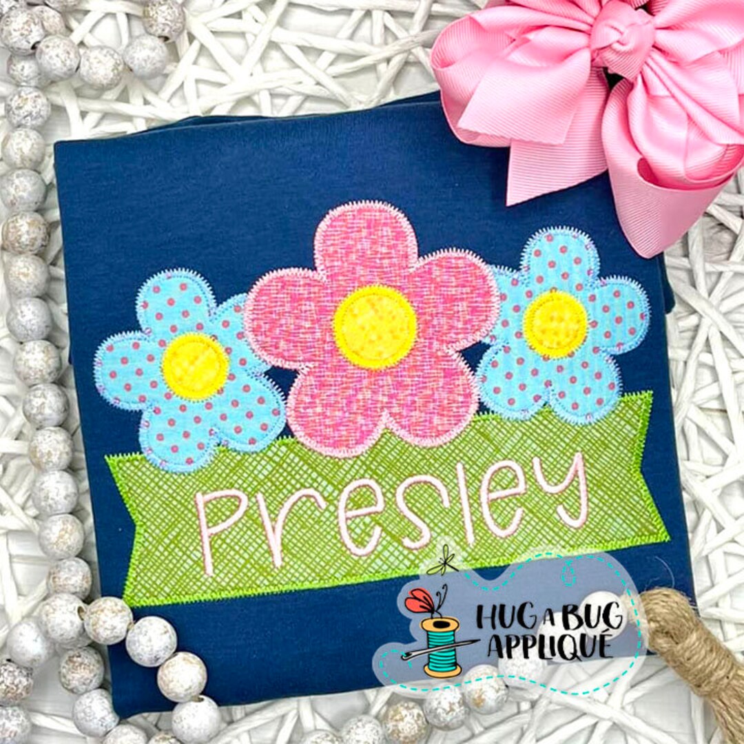 Flower Trio Banner Zig Zag Stitch Applique Design 5x7 6x10 8x8 8x12 9x9 ...