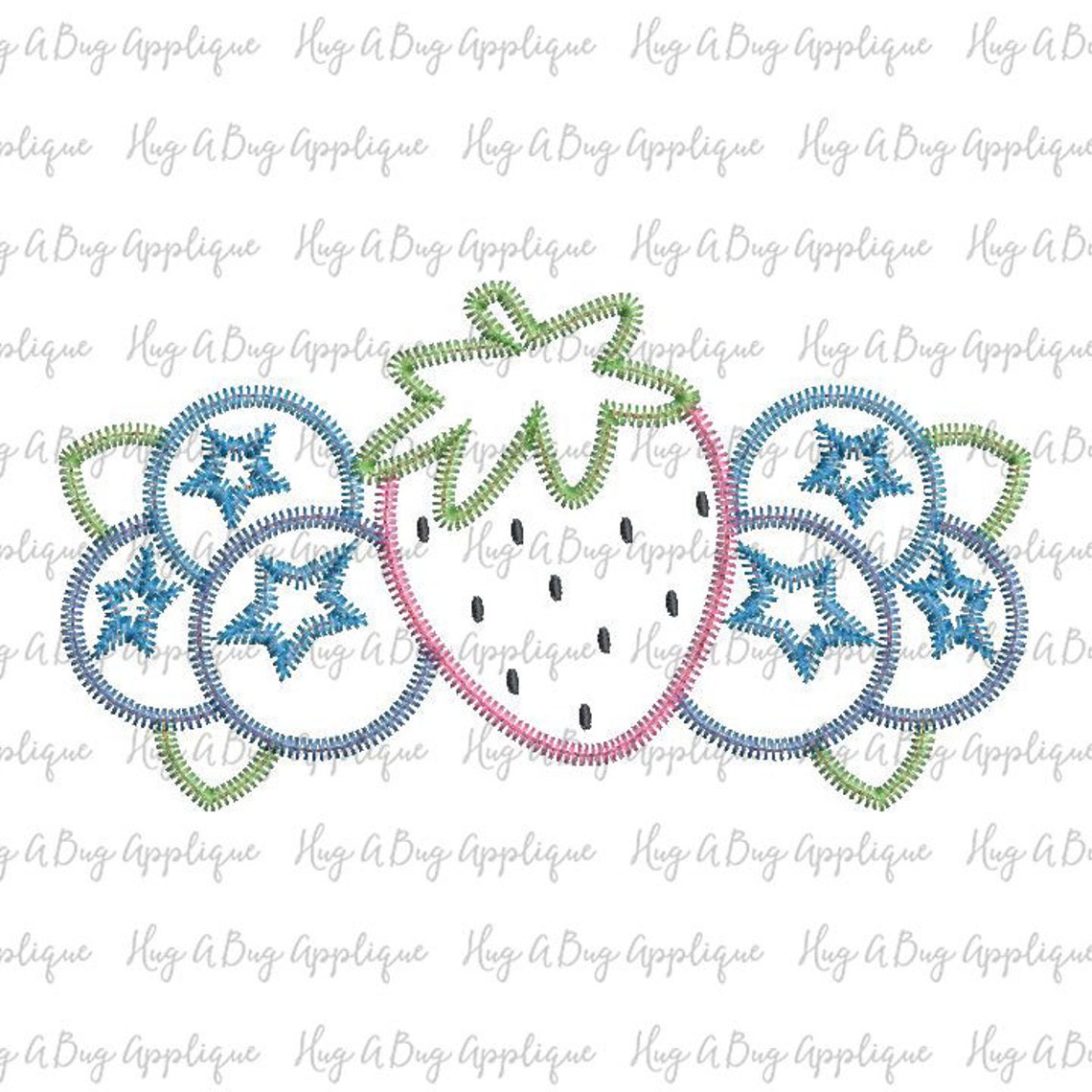 Strawberry Blueberries Zig Zag Stitch Applique Design 5x7 6x10 8x8 8x12 ...