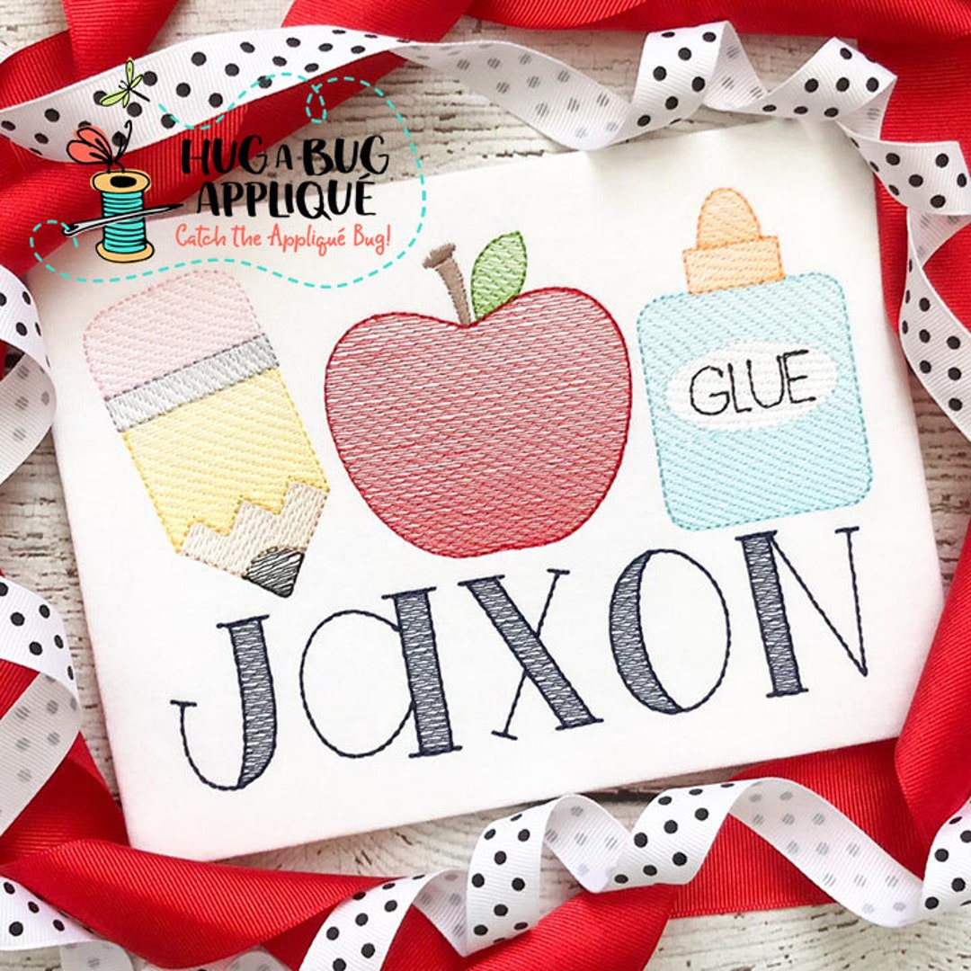 Pencil Apple Glue Trio School Sketch Stitch Embroidery Design 5x7 6x10 ...