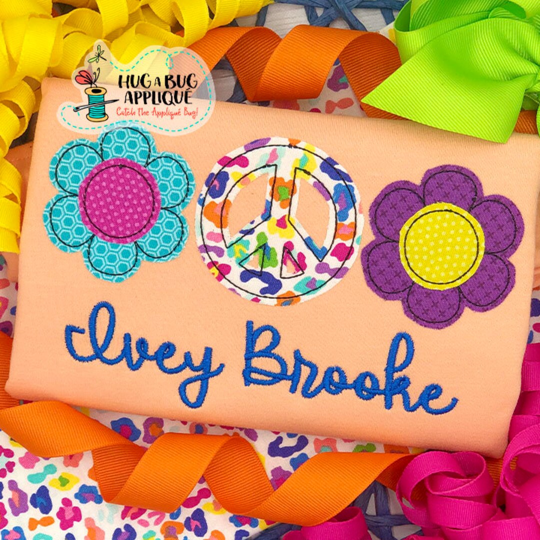 Flower Peace Trio Bean Stitch Applique Design 5x7 8x8 6x10 8x12 9x9 - Etsy