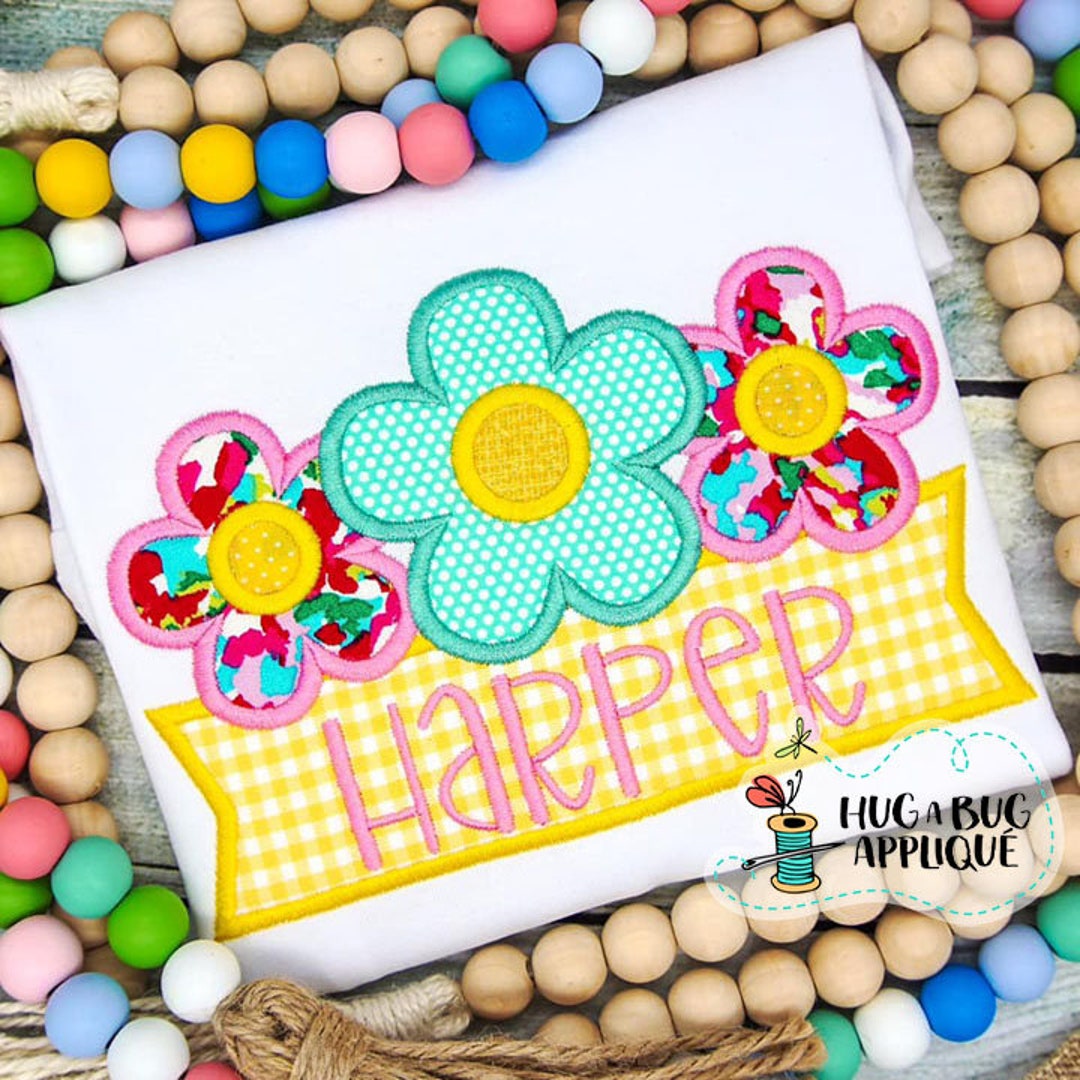 Flower Trio Banner Satin Stitch Applique Design 5x7 6x10 8x8 8x12 9x9 ...