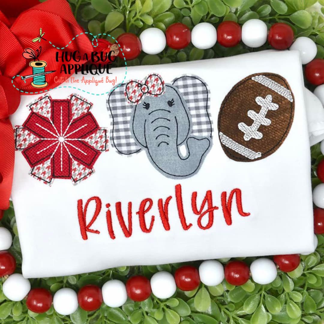 Cheer Elephant Football Bean Stitch Applique Design 5x7 6x10 8x8 8x12 ...