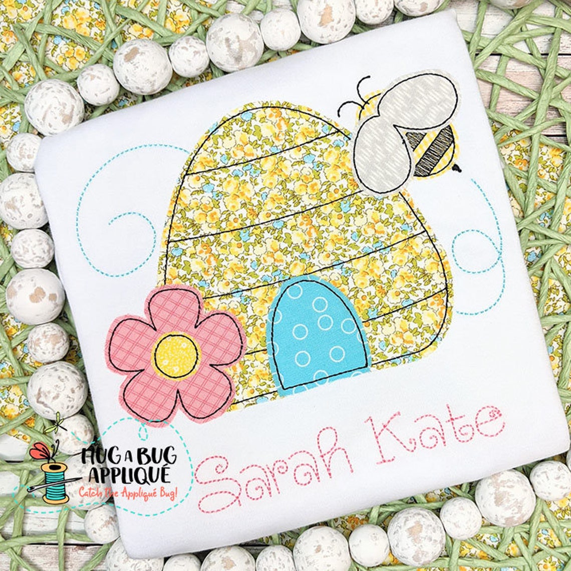 Bee Hive Flower Bean Stitch Applique Design 5x7 6x10 8x8 8x12 | Etsy