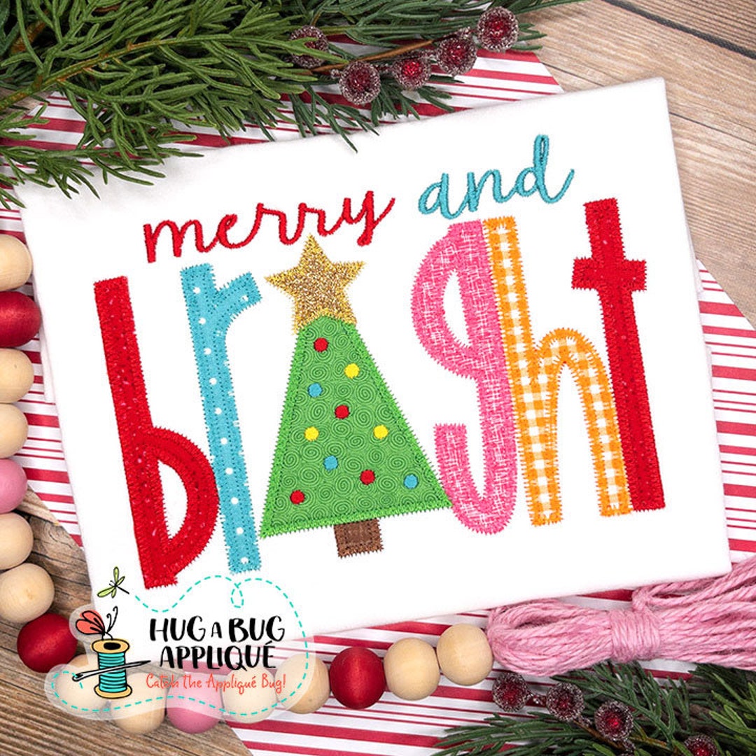 Tree Merry Bright Zig Zag Stitch Applique Design 5x7 6x10 8x8 8x12 9x9 - Etsy
