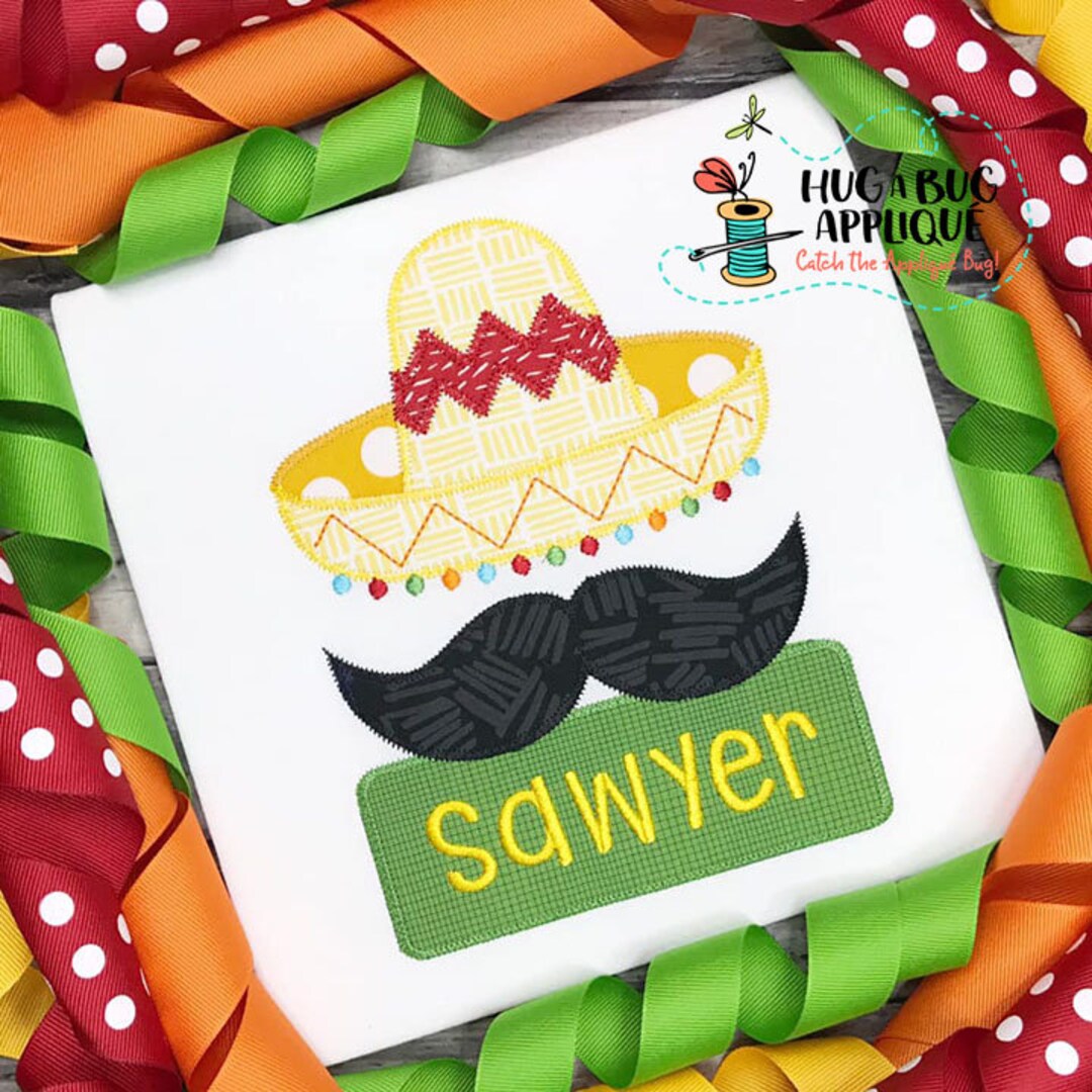 Sombrero Mustache Box Zig Zag Stitch Applique Design 5x7 6x10 8x8 8x12 ...