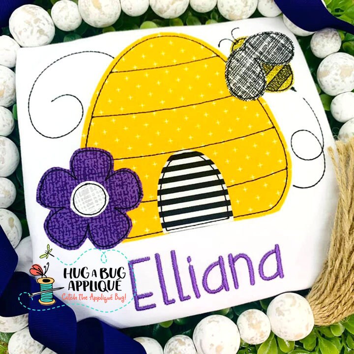 Bee Hive Flower Bean Stitch Applique Design 5x7 6x10 8x8 8x12 | Etsy