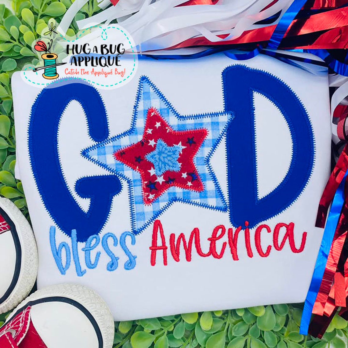 God Bless America Star Zig Zag Stitch Applique Design 5x7 6x10 8x8 8x12 ...