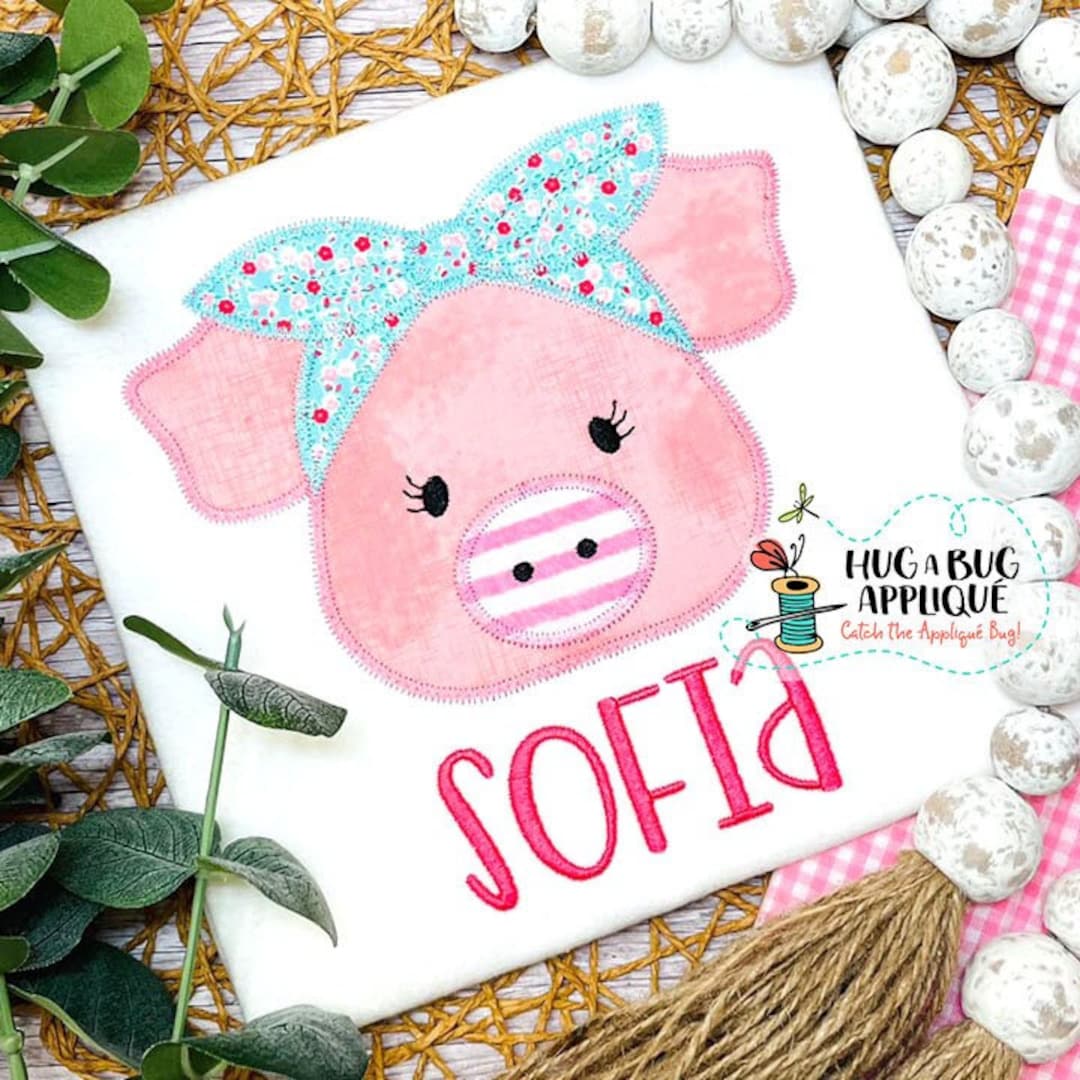 Pig Head Bandana Zig Zag Stitch Applique Design 4x4 5x7 6x10 8x8 8x12 ...