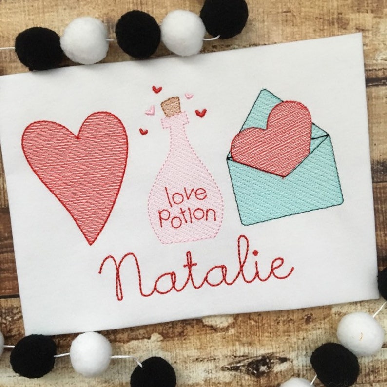 Heart Potion Letter Valentine Sketch Stitch Embroidery Design 5x7 6x10 ...