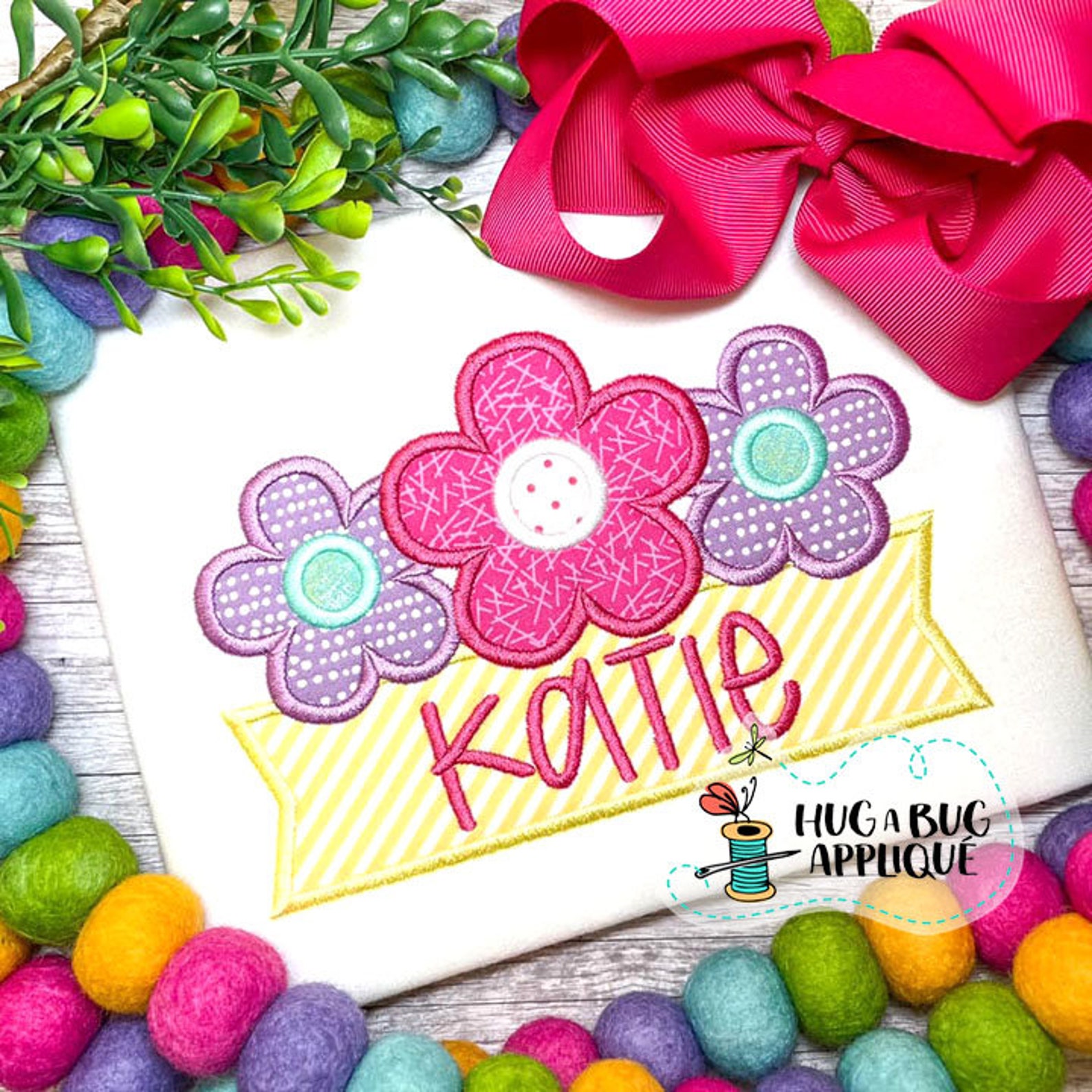 Flower Trio Banner Satin Stitch Applique Design 5x7 6x10 8x8 8x12 9x9 ...