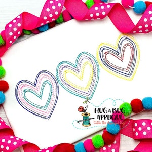 Paper Hearts Trio Scribble Stitch Embroidery Design 5x7 6x10 8x8 8x12 ...