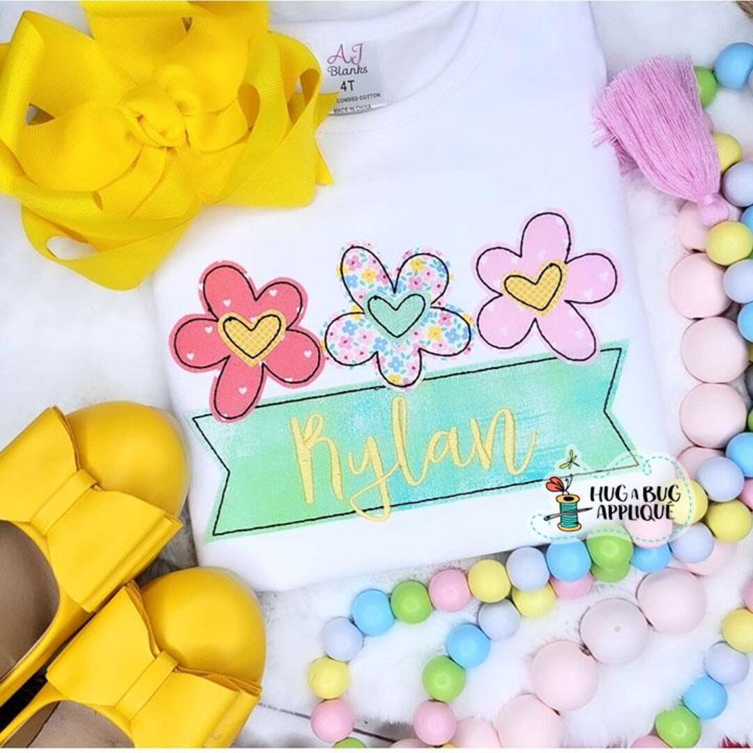 Flower Heart Trio Banner Bean Stitch Applique Design 5x7 6x10 8x8 8x12 ...