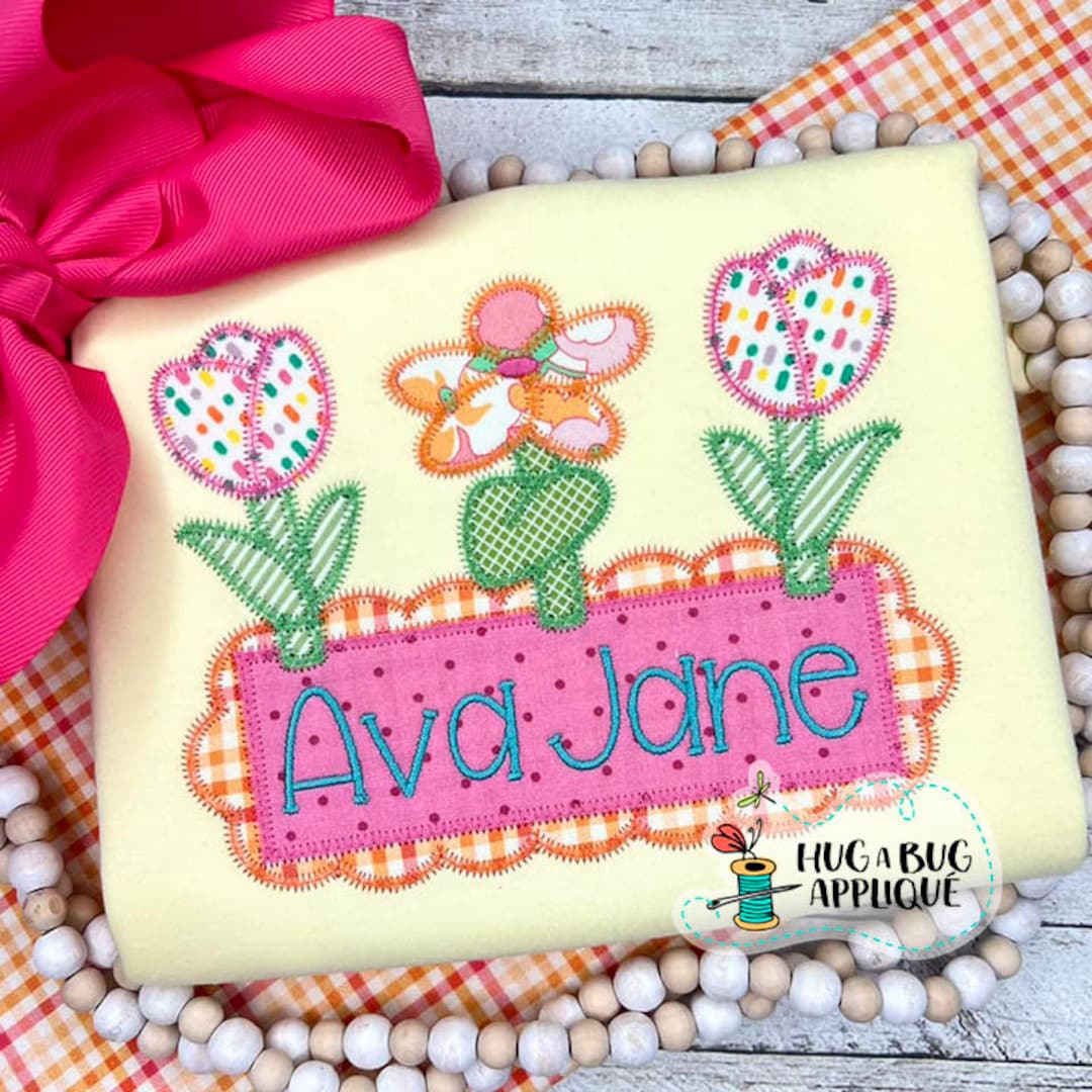 Flower Trio Frilly Box Zig Zag Stitch Applique Design 5x7 6x10 8x8 8x12 ...