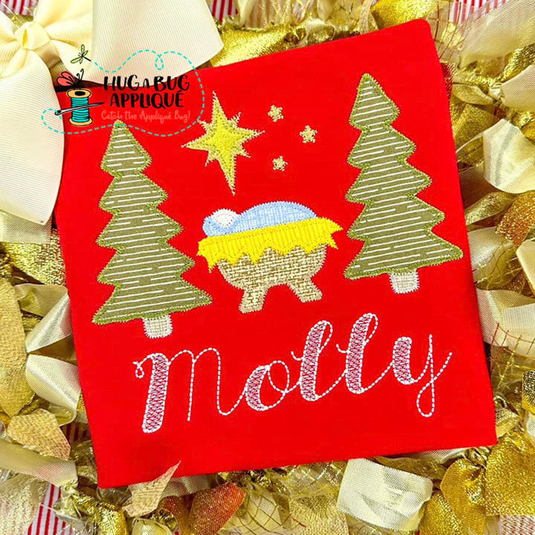 Trees Baby Jesus Zig Zag Stitch Applique Design 5x7 6x10 8x8 8x12 9x9 ...