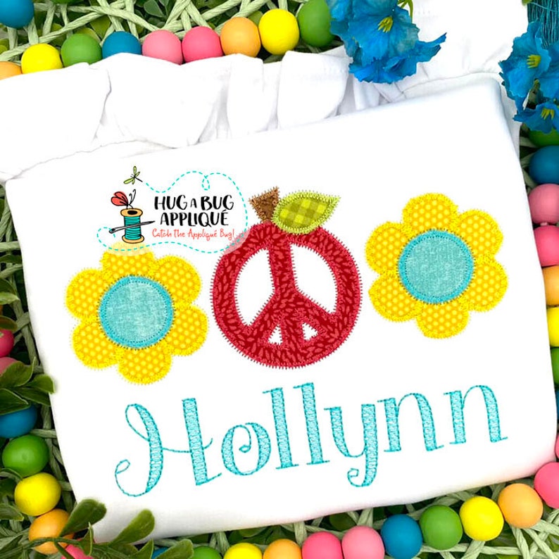 Flower Peace Apple Zig Zag Stitch Applique Design 5x7 6x10 8x8 9x9 8x12 ...