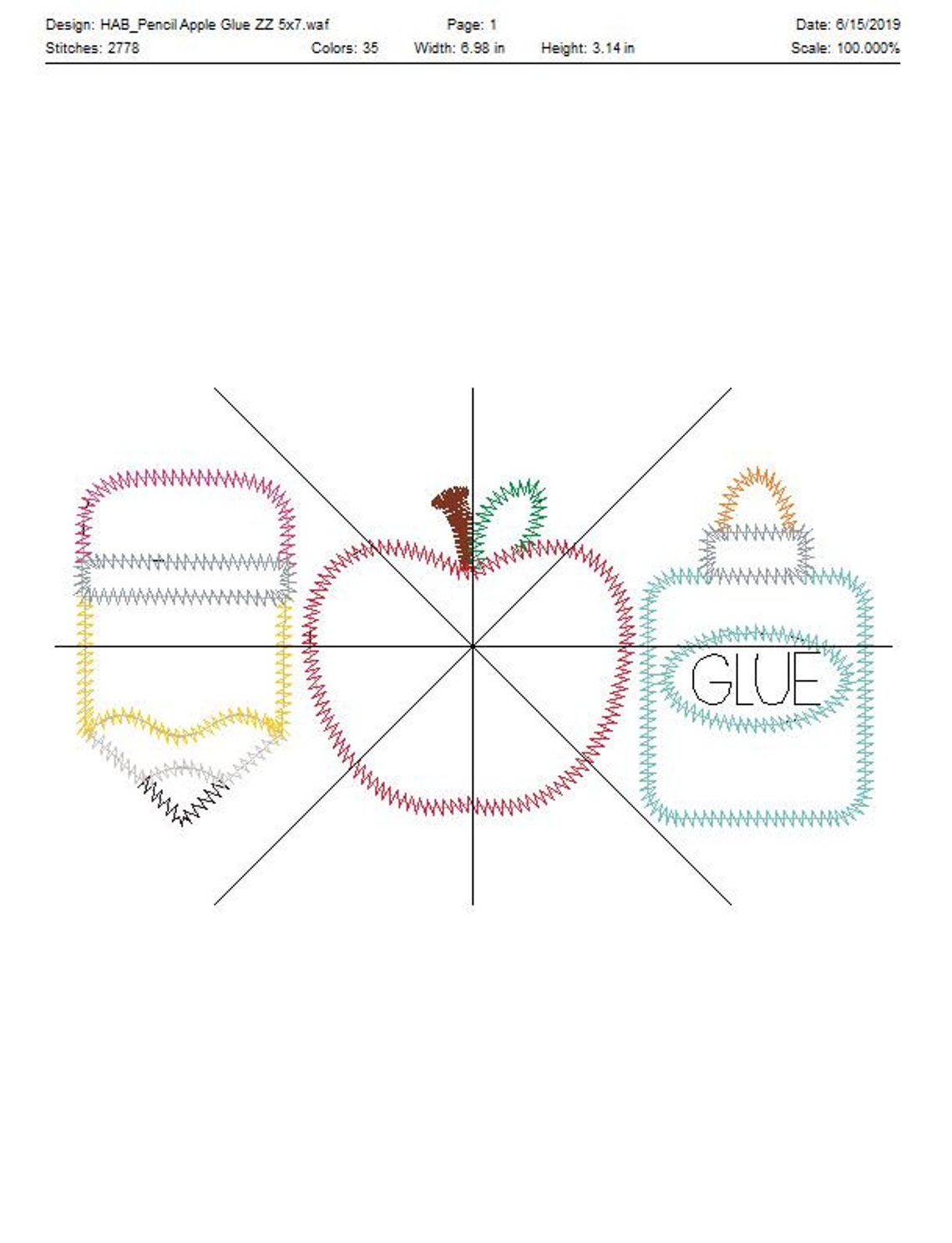 Pencil Apple Glue Trio Zig Zag Stitch Applique Embroidery Design 5x7 ...